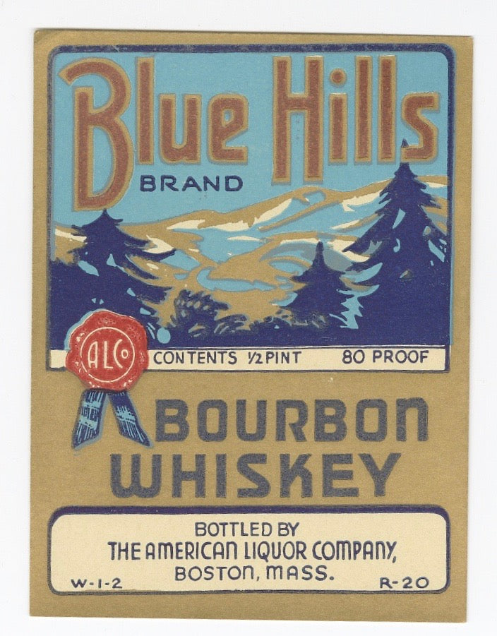 Set of 3, BLUE HILLS Brand Bourbon WHISKEY Label, Boston, Alcohol, Vin ...