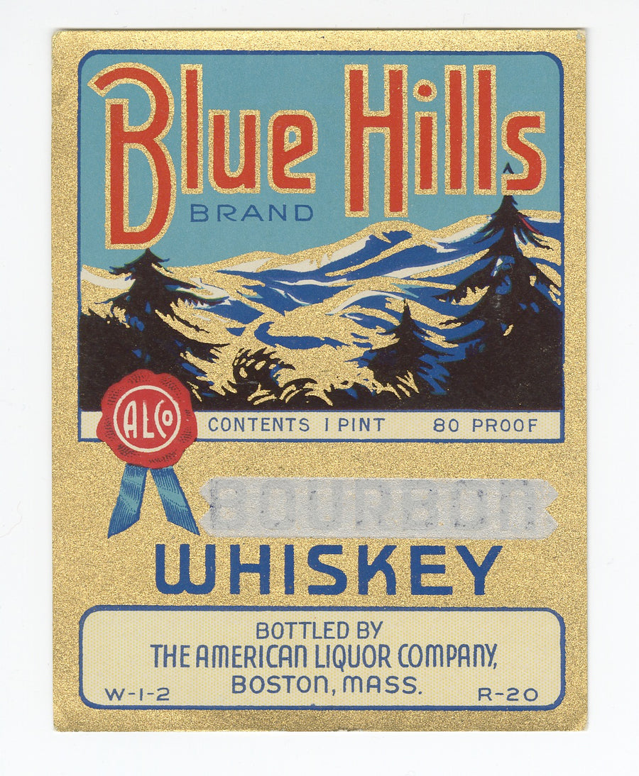 Set of 3, BLUE HILLS Brand Bourbon WHISKEY Label, Boston, Alcohol, Vin ...
