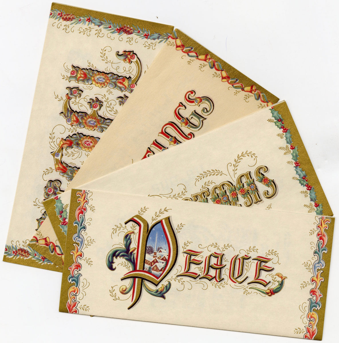 Set of Four Gorgeous Vintage Christmas Cards, Illustrated with Gold In ...